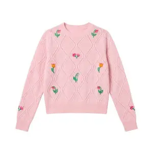 BRODIE CASHMERE Lightweight Floral Stitch Cashmere Crew - Pink