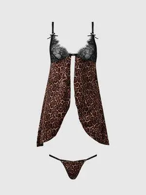 Frederick's Of Hollywood Leopard And Lace Babydoll Set - Leopard/black