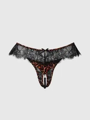 Frederick's Of Hollywood Raven Leopard And Lace Crotchless Pearl Thong - Leopard/black