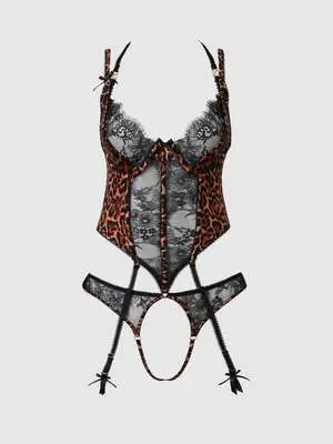 Frederick's Of Hollywood Leopard And Lace Crotchless Teddy - Leopard/black
