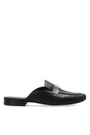 Tory Burch Gold Buckle Leather Slides - Black