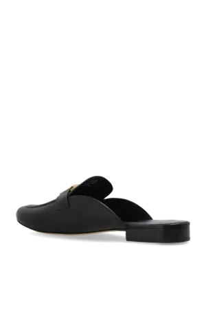 Tory Burch Gold Buckle Leather Slides - Black