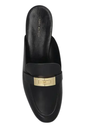 Tory Burch Gold Buckle Leather Slides - Black