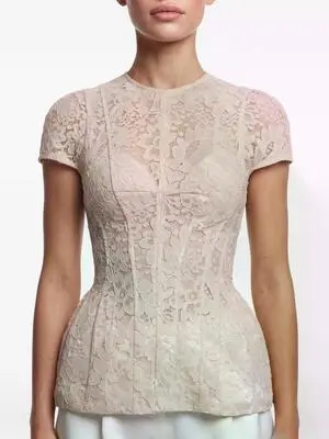 POST MERIDIEM Floral Lace Panel Peplum Top - Neutrals