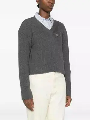 TWINSET Ribbed Knit V-neck Sweater With Heart Motif Plaque