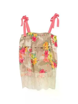 MY TWIN Square-neck Camouflage And Floral Print Top With Lace Trim