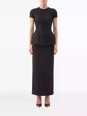 POST MERIDIEM Crew Neck Lace Detail Peplum Top - Black