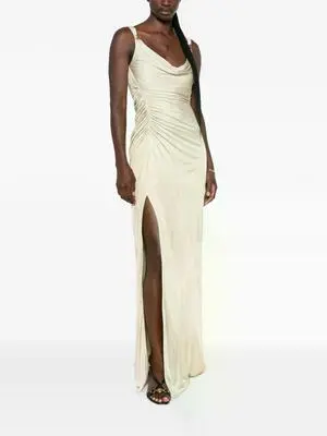 Versace Ruched Maxi Dress With Cowl Neck And Side Slit