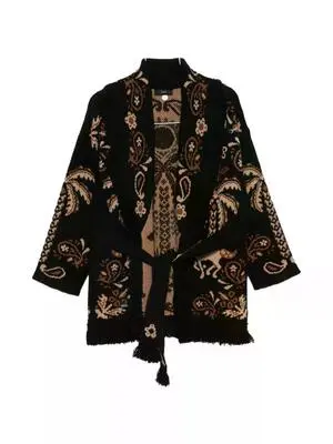 Alanui Fringe-trim Intarsia-knit Cardigan - Black