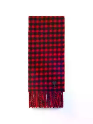 AMI Paris Checkered Wool Scarf With De Coeur - Red