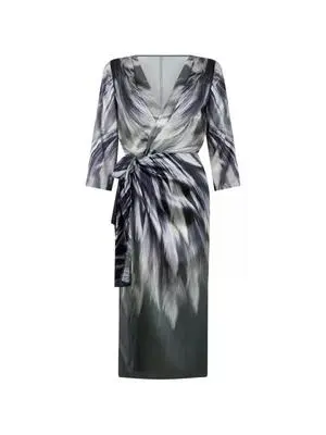 Alberta Ferretti Feather-print Belted Midi Dress
