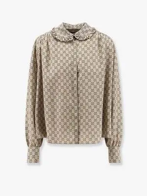 Gucci Silk Gg Print Ruffled Collar Shirt