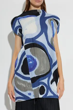 Issey Miyake Sleeveless Abstract Print Pleated Dress