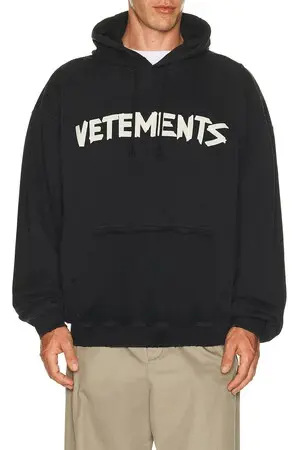 Vetements Tape Logo Destroyed Hoodie In Black - Faded Black