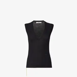 Fendi Wool Rib Knit V-neck Sleeveless Top - Black