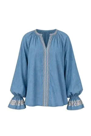ADRIFT CLOTHING Blue Robin Chambray Frill Blouse In Eterna