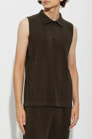 Issey Miyake Sleeveless Pleated Polo Shirt - Brown