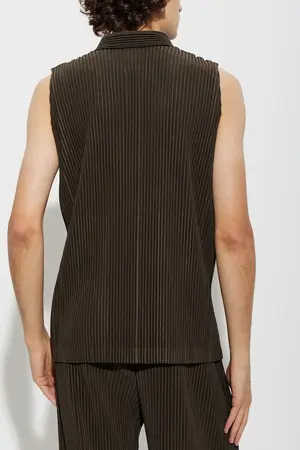 Issey Miyake Sleeveless Pleated Polo Shirt - Brown