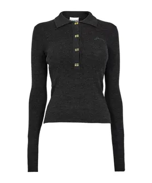 GANNI Polo Collar Knitwear With Logo Detail - Black