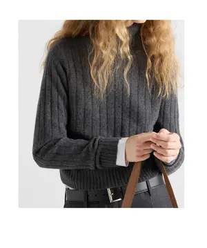 Prada Re-cashmere Turtleneck Sweater With Ribbed Details - Limestone Ash