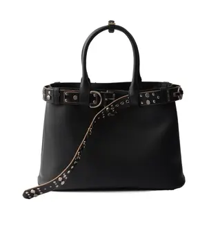 Prada Buckle Large Leather Bag With Studded Belt - Black