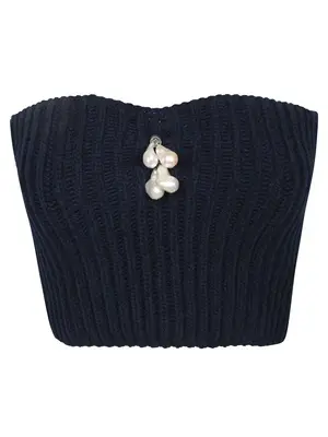 Prada Strapless Ribbed Knit Top With Mother Of Pearl Pendant