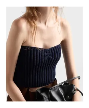 Prada Strapless Ribbed Knit Top With Mother Of Pearl Pendant
