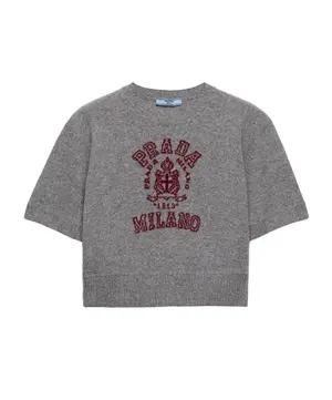 Prada Wool And Cashmere Intarsia Logo Sweater - Amaranth Red/gray