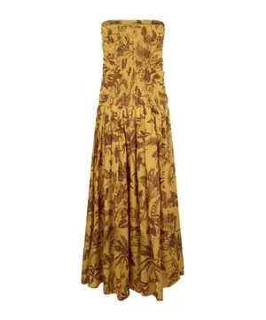 ALEMAIS Ruched Strapless Printed Dress - Brown