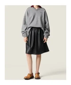 Miu Miu Nappa Leather Flared Skirt With Lace Trim