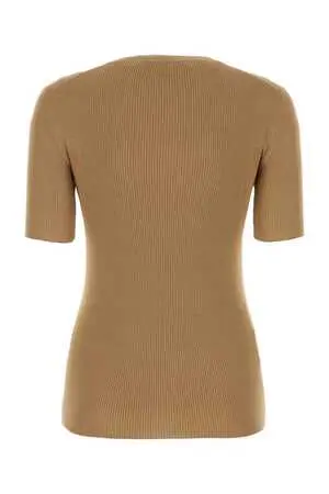 Prada Logo Embroidered Ribbed Top - Camel Brown