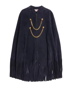 Valentino Garavani Suede Fringed Cape With Gold Tone Chain Detailing