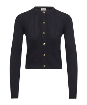 Moncler Leather Logo Wool Blend Cardigan - Midnight Blue