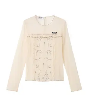 Miu Miu Embroidered Tulle Top - Nude