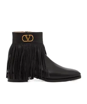 Valentino Garavani Leather Ankle Boots With Fringe And Logo Detail