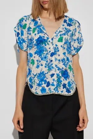 Zadig&Voltaire Tiffiny Floral Printed V-neck Top With Lace Detail - Blue