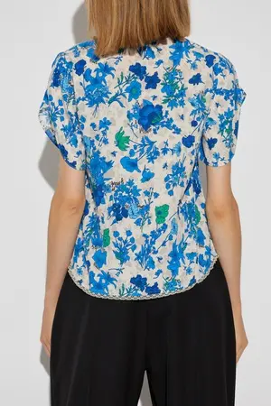 Zadig&Voltaire Tiffiny Floral Printed V-neck Top With Lace Detail - Blue