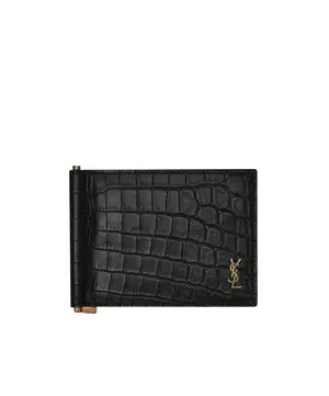 Saint Laurent Tiny Cassandre Bill Clip Wallet In Crocodile-embossed Matte Leather - Black