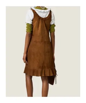 Miu Miu Waxed Suede Dress With Ruffled Neckline And Hem - Cognac