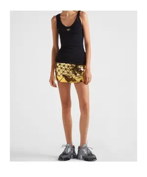 Prada Ribbed Knit Jersey Tank Top With Enameled Logo