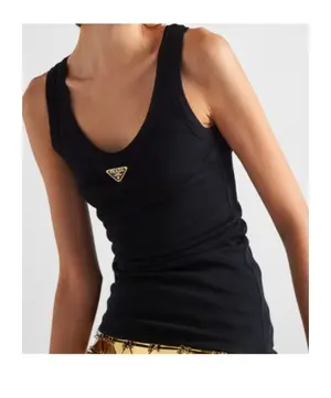 Prada Ribbed Knit Jersey Tank Top With Enameled Logo