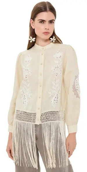 Farm Rio Richelieu Long Sleeve Shirt With Floral Embroidery And Fringe - Sand