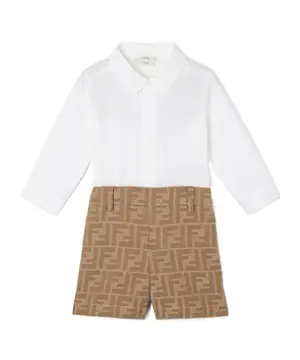 Fendi White Cotton Poplin And Beige Canvas Baby Onesie