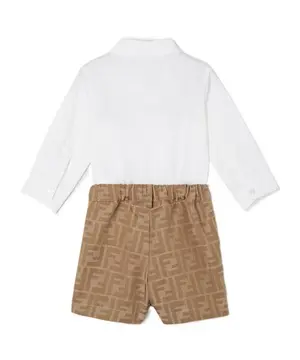 Fendi White Cotton Poplin And Beige Canvas Baby Onesie