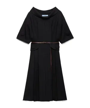 Prada Short-sleeve Chevron Wool Dress With Belt