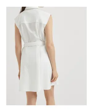 Brunello Cucinelli Embellished Texture Twill Belted Mini Shirt Dress