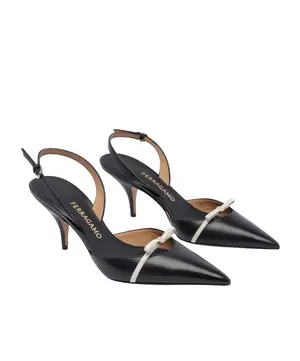 FERRAGAMO Black Leather Slingback Pumps With Bow Detail