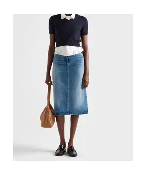 Prada Logo Patch Denim Midi Skirt