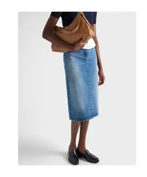 Prada Logo Patch Denim Midi Skirt