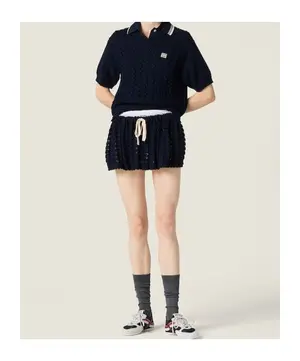 Miu Miu Cotton Mini Skirt With Drawstring And Logo Detail